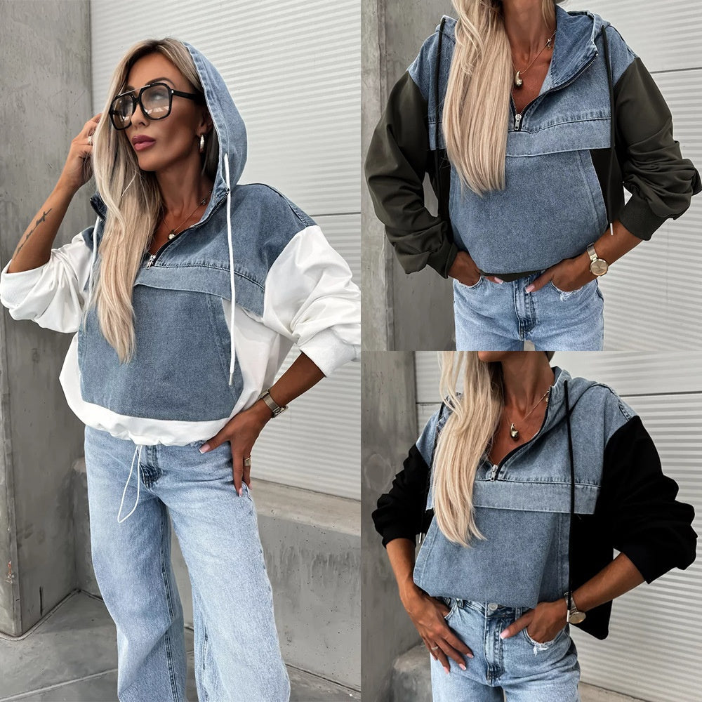 Women's Layered Hoodie Denim Jacket with Drawstring – furanshop