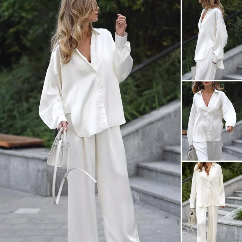 Solid Button-Down Shirt & Wide-Leg Pants 2-Piece Set – furanshop